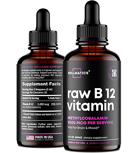 Wellmatics Vitamin B12 Sublingual - Premium B12 Vitamin 5000 mcg - Made in The USA - Methylcobalamin B12 Liquid Supplement - Natural Energy, Mood & Metabolism Increase - Vegan B12 Drops - 2 fl oz