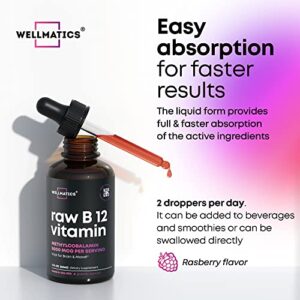 Wellmatics Vitamin B12 Sublingual - Premium B12 Vitamin 5000 mcg - Made in The USA - Methylcobalamin B12 Liquid Supplement - Natural Energy, Mood & Metabolism Increase - Vegan B12 Drops - 2 fl oz