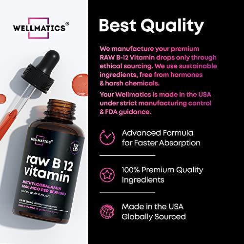 Wellmatics Vitamin B12 Sublingual - Premium B12 Vitamin 5000 mcg - Made in The USA - Methylcobalamin B12 Liquid Supplement - Natural Energy, Mood & Metabolism Increase - Vegan B12 Drops - 2 fl oz