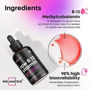 Wellmatics Vitamin B12 Sublingual - Premium B12 Vitamin 5000 mcg - Made in The USA - Methylcobalamin B12 Liquid Supplement - Natural Energy, Mood & Metabolism Increase - Vegan B12 Drops - 2 fl oz