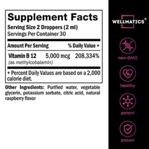 Wellmatics Vitamin B12 Sublingual - Premium B12 Vitamin 5000 mcg - Made in The USA - Methylcobalamin B12 Liquid Supplement - Natural Energy, Mood & Metabolism Increase - Vegan B12 Drops - 2 fl oz