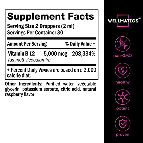 Wellmatics Vitamin B12 Sublingual - Premium B12 Vitamin 5000 mcg - Made in The USA - Methylcobalamin B12 Liquid Supplement - Natural Energy, Mood & Metabolism Increase - Vegan B12 Drops - 2 fl oz