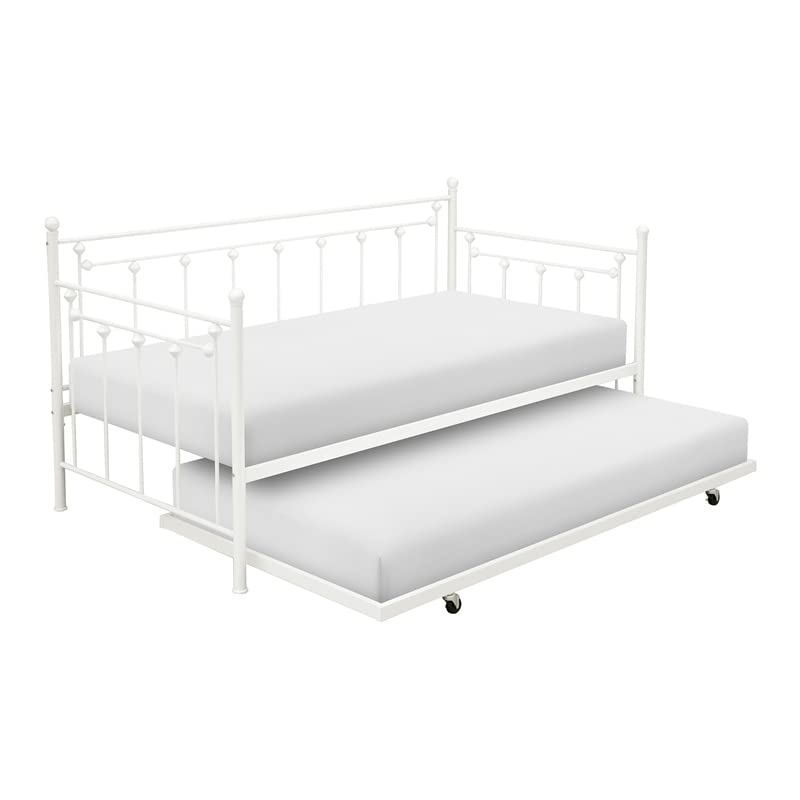 Homelegance Four Posts Elegant Metal Frame Daybed with Trundle Powder, Coated White Finish