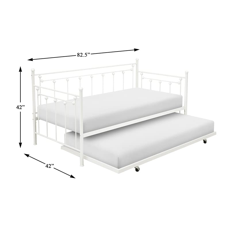 Homelegance Four Posts Elegant Metal Frame Daybed with Trundle Powder, Coated White Finish