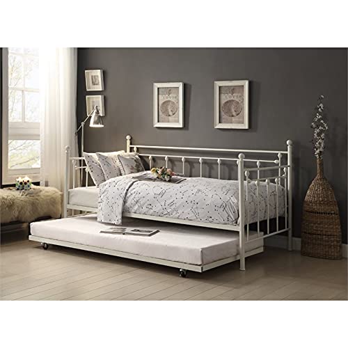 Homelegance Four Posts Elegant Metal Frame Daybed with Trundle Powder, Coated White Finish