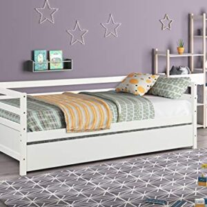 Hanway Twin Daybed with Trundle – Pine Wood Material Bed Frames – Elegant Furniture for Compact Rooms – Bedroom Accessories Ideal for Small Living Spaces – Classic White Paint Coating