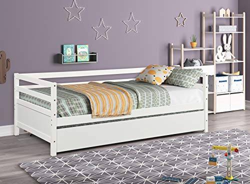 Hanway Twin Daybed with Trundle – Pine Wood Material Bed Frames – Elegant Furniture for Compact Rooms – Bedroom Accessories Ideal for Small Living Spaces – Classic White Paint Coating