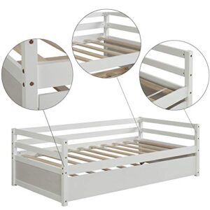 Hanway Twin Daybed with Trundle – Pine Wood Material Bed Frames – Elegant Furniture for Compact Rooms – Bedroom Accessories Ideal for Small Living Spaces – Classic White Paint Coating