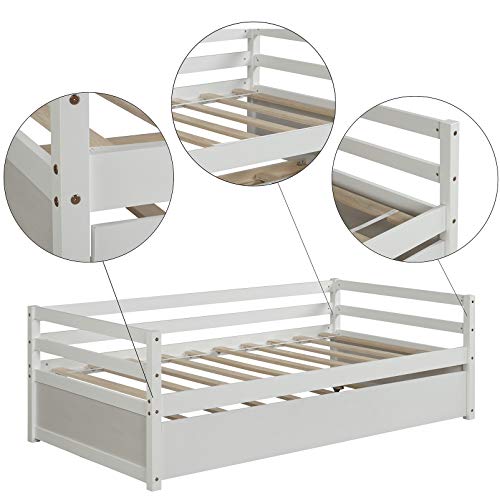 Hanway Twin Daybed with Trundle – Pine Wood Material Bed Frames – Elegant Furniture for Compact Rooms – Bedroom Accessories Ideal for Small Living Spaces – Classic White Paint Coating