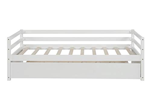 Hanway Twin Daybed with Trundle – Pine Wood Material Bed Frames – Elegant Furniture for Compact Rooms – Bedroom Accessories Ideal for Small Living Spaces – Classic White Paint Coating