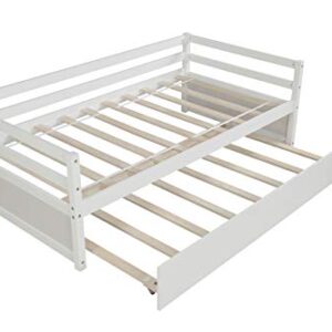 Hanway Twin Daybed with Trundle – Pine Wood Material Bed Frames – Elegant Furniture for Compact Rooms – Bedroom Accessories Ideal for Small Living Spaces – Classic White Paint Coating