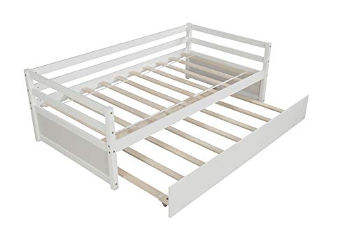 Hanway Twin Daybed with Trundle – Pine Wood Material Bed Frames – Elegant Furniture for Compact Rooms – Bedroom Accessories Ideal for Small Living Spaces – Classic White Paint Coating