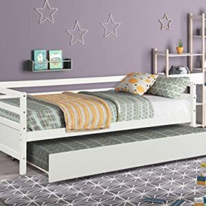 Hanway Twin Daybed with Trundle – Pine Wood Material Bed Frames – Elegant Furniture for Compact Rooms – Bedroom Accessories Ideal for Small Living Spaces – Classic White Paint Coating