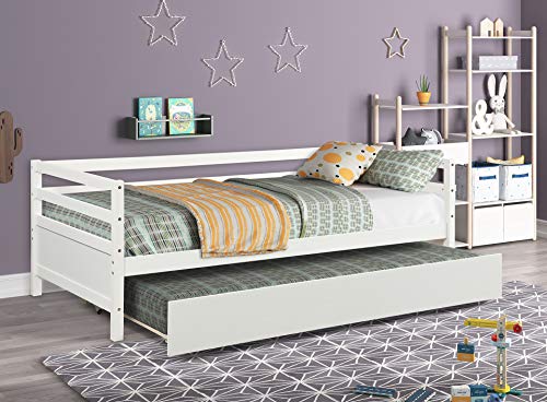 Hanway Twin Daybed with Trundle – Pine Wood Material Bed Frames – Elegant Furniture for Compact Rooms – Bedroom Accessories Ideal for Small Living Spaces – Classic White Paint Coating