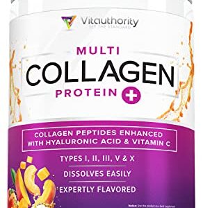 Multi Collagen Peptides Plus Hyaluronic Acid and Vitamin C Hydrolyzed Collagen Proteins Types I II III V and X Peach Mango Flavor