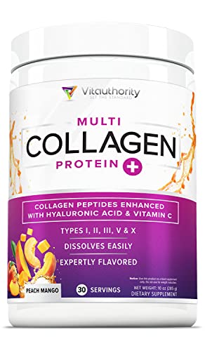 Multi Collagen Peptides Plus Hyaluronic Acid and Vitamin C Hydrolyzed Collagen Proteins Types I II III V and X Peach Mango Flavor