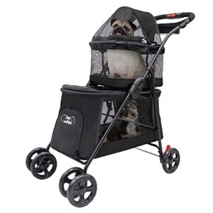 petique double decker pet stroller, two-level cat and dog stroller, lightweight yet sturdy cat and dog carriage, washable, travel-friendly and easy to fold, sleek black design