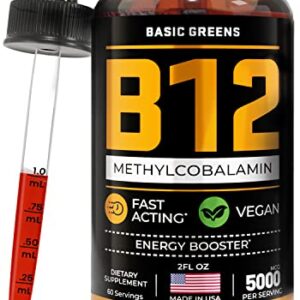 BASIC GREENS Vitamin B12 Sublingual (Vegan) 2 Fl Oz - Methylcobalamin B12 Vitamins 5000 mcg, B12 Liquid, Liquid B12, B12 Drops, Methyl B12, Cherry Flavor