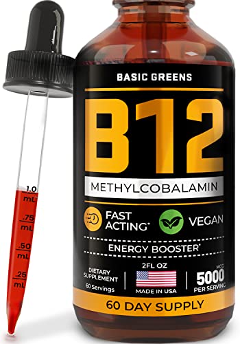 BASIC GREENS Vitamin B12 Sublingual (Vegan) 2 Fl Oz - Methylcobalamin B12 Vitamins 5000 mcg, B12 Liquid, Liquid B12, B12 Drops, Methyl B12, Cherry Flavor