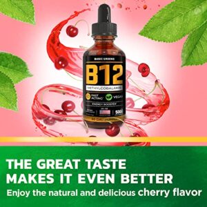 BASIC GREENS Vitamin B12 Sublingual (Vegan) 2 Fl Oz - Methylcobalamin B12 Vitamins 5000 mcg, B12 Liquid, Liquid B12, B12 Drops, Methyl B12, Cherry Flavor