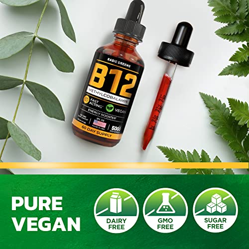 BASIC GREENS Vitamin B12 Sublingual (Vegan) 2 Fl Oz - Methylcobalamin B12 Vitamins 5000 mcg, B12 Liquid, Liquid B12, B12 Drops, Methyl B12, Cherry Flavor