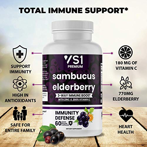 (2-Pack) Sambucus Elderberry Capsules with Zinc & Vitamin C - Immune System Support for Women & Men's Daily Supplement, Powerful Antioxidant - Natural Elderberries - Veggie Caps - 120 Capsules - VS1