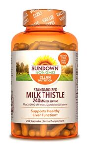 milk thistle by sundown, herbal supplement, supports liver health, non-gmo, free of gluten, dairy, artificial flavors, 80% silymarin, 250 capsules