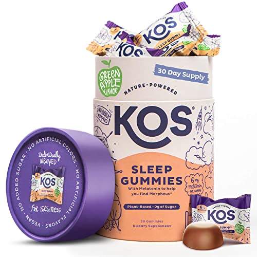 KOS Sleep Gummies - Sugar & Gelatin Free Sleep Aid Gummies for Adults - 50mg L-theanine & 6mg Melatonin Gummies - Individually Wrapped, Plant-Based Formula for a Restful Sleep - 30 Day Supply