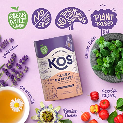 KOS Sleep Gummies - Sugar & Gelatin Free Sleep Aid Gummies for Adults - 50mg L-theanine & 6mg Melatonin Gummies - Individually Wrapped, Plant-Based Formula for a Restful Sleep - 30 Day Supply