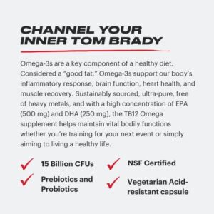 TB12 Omega 3 Fish Oil Supplement by Tom Brady - High potency, Essential Fatty Acids, Brain & Heart Health, Recovery, Non GMO, NSF Certified for Sport, 1250 mg (500mg DHA and 250mg EPA), 60 softgels