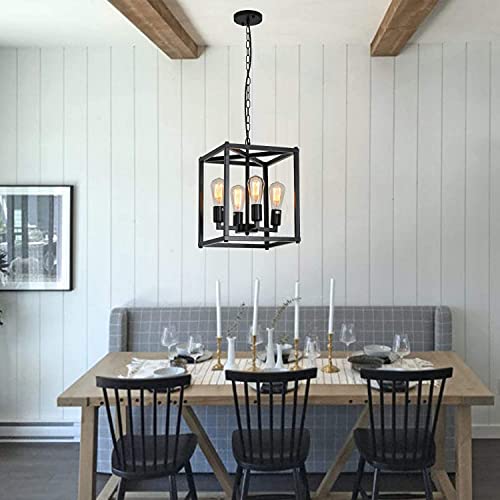 Lanhall 4-Light Farmhouse Chandelier Fixture Rustic Industrial Pendant Lighting Adjustable Height Metal Cage E26 Hanging Lights for Kitchen Island, Dining Room, Living Room, Bedroom, Foyer, Entry