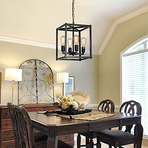 Lanhall 4-Light Farmhouse Chandelier Fixture Rustic Industrial Pendant Lighting Adjustable Height Metal Cage E26 Hanging Lights for Kitchen Island, Dining Room, Living Room, Bedroom, Foyer, Entry