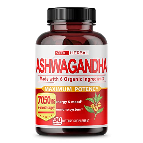 Organic Ashwagandha Capsules Equivalent to 7050mg - Maximum Potency with L-Theanine Turmeric Rhodiola St. John's Wort Increase Strength Focus Mood Sleep Support - 90 Days Supply