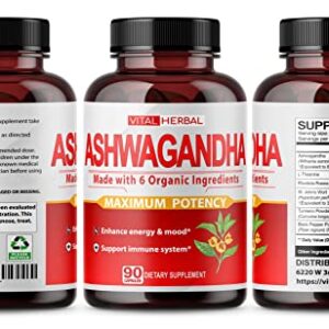 Organic Ashwagandha Capsules Equivalent to 7050mg - Maximum Potency with L-Theanine Turmeric Rhodiola St. John's Wort Increase Strength Focus Mood Sleep Support - 90 Days Supply