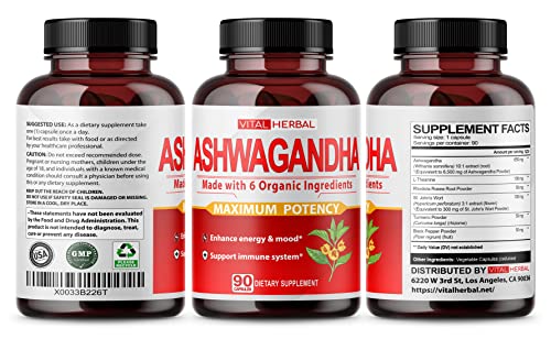 Organic Ashwagandha Capsules Equivalent to 7050mg - Maximum Potency with L-Theanine Turmeric Rhodiola St. John's Wort Increase Strength Focus Mood Sleep Support - 90 Days Supply