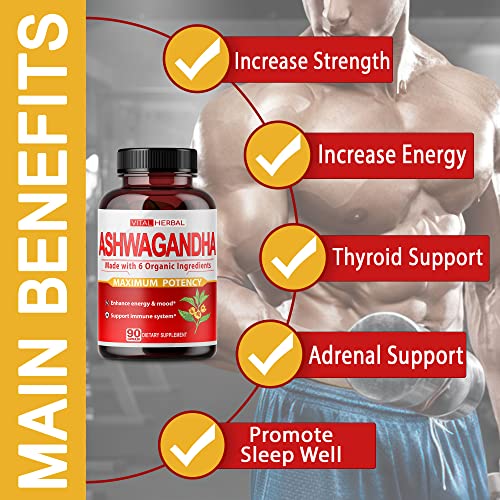 Organic Ashwagandha Capsules Equivalent to 7050mg - Maximum Potency with L-Theanine Turmeric Rhodiola St. John's Wort Increase Strength Focus Mood Sleep Support - 90 Days Supply