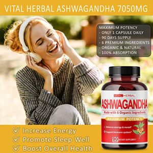 Organic Ashwagandha Capsules Equivalent to 7050mg - Maximum Potency with L-Theanine Turmeric Rhodiola St. John's Wort Increase Strength Focus Mood Sleep Support - 90 Days Supply