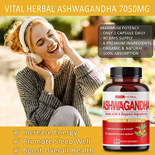 Organic Ashwagandha Capsules Equivalent to 7050mg - Maximum Potency with L-Theanine Turmeric Rhodiola St. John's Wort Increase Strength Focus Mood Sleep Support - 90 Days Supply