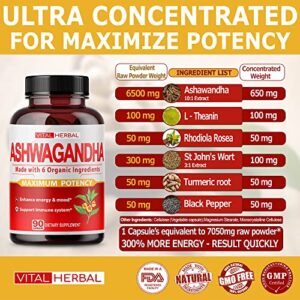 Organic Ashwagandha Capsules Equivalent to 7050mg - Maximum Potency with L-Theanine Turmeric Rhodiola St. John's Wort Increase Strength Focus Mood Sleep Support - 90 Days Supply