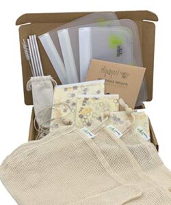 zero waste kit – 17 pcs eco friendly gift set with zero waste sustainable products for the home & kitchen. includes reusable products, food storage bags, beeswax wraps, mesh produce bags, and straws. great gifts for women.