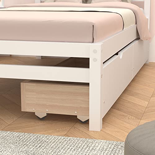 TOLEAD Twin Bed with 2 Drawers, Solid Wood Storage Daybed Frame with Headboard for Kids Teens, Slat Support Platform for Bedroom Living Room, White