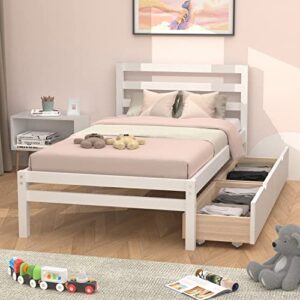 tolead twin bed with 2 drawers, solid wood storage daybed frame with headboard for kids teens, slat support platform for bedroom living room, white