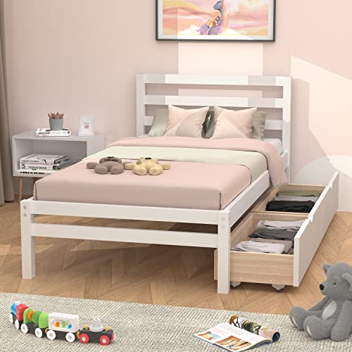 TOLEAD Twin Bed with 2 Drawers, Solid Wood Storage Daybed Frame with Headboard for Kids Teens, Slat Support Platform for Bedroom Living Room, White