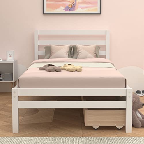 TOLEAD Twin Bed with 2 Drawers, Solid Wood Storage Daybed Frame with Headboard for Kids Teens, Slat Support Platform for Bedroom Living Room, White