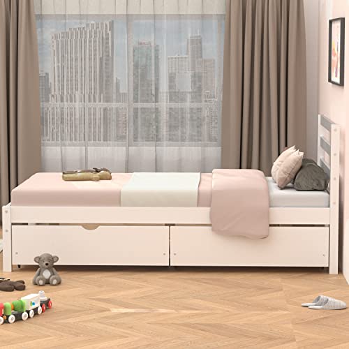 TOLEAD Twin Bed with 2 Drawers, Solid Wood Storage Daybed Frame with Headboard for Kids Teens, Slat Support Platform for Bedroom Living Room, White