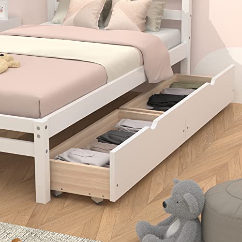 TOLEAD Twin Bed with 2 Drawers, Solid Wood Storage Daybed Frame with Headboard for Kids Teens, Slat Support Platform for Bedroom Living Room, White