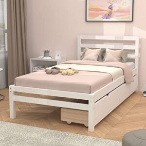 TOLEAD Twin Bed with 2 Drawers, Solid Wood Storage Daybed Frame with Headboard for Kids Teens, Slat Support Platform for Bedroom Living Room, White