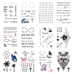 everjoy realistic temporary tattoos 100+ designs, 16 sheets, inspirational quotes, live laugh love, faith, hope, breathe, boho, butterfly, heart, cross, infinity tattoos