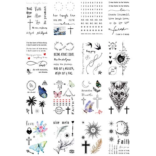 Everjoy Realistic Temporary Tattoos 100+ Designs, 16 Sheets, Inspirational Quotes, Live Laugh Love, Faith, Hope, Breathe, Boho, Butterfly, Heart, Cross, Infinity Tattoos