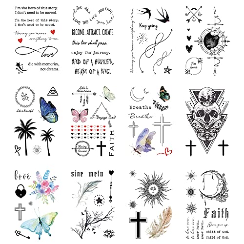 Everjoy Realistic Temporary Tattoos 100+ Designs, 16 Sheets, Inspirational Quotes, Live Laugh Love, Faith, Hope, Breathe, Boho, Butterfly, Heart, Cross, Infinity Tattoos